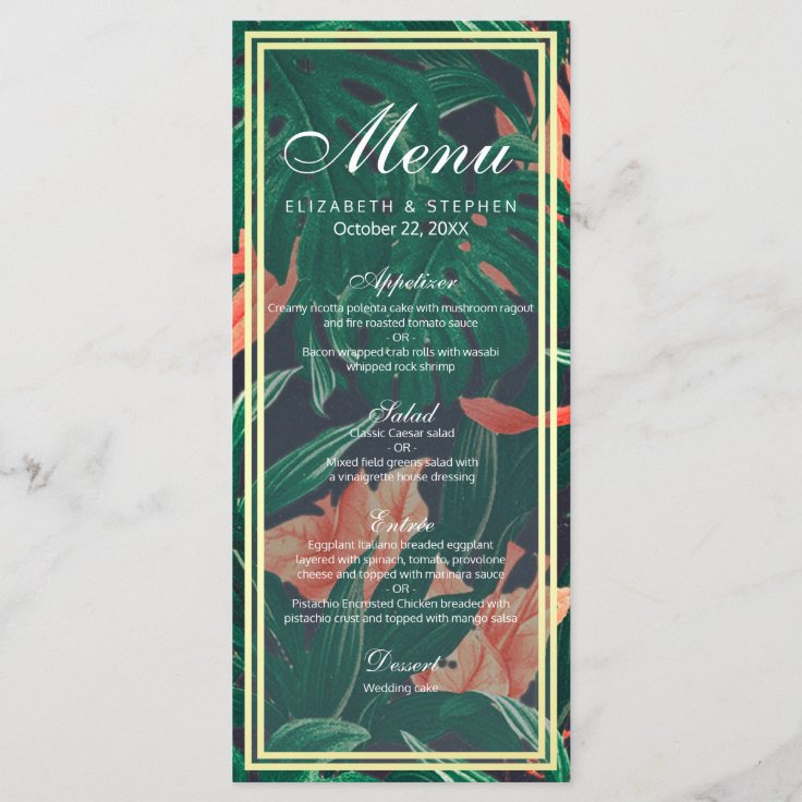 Tropical Floral & Gold Foil Frame Wedding Menu | Zazzle