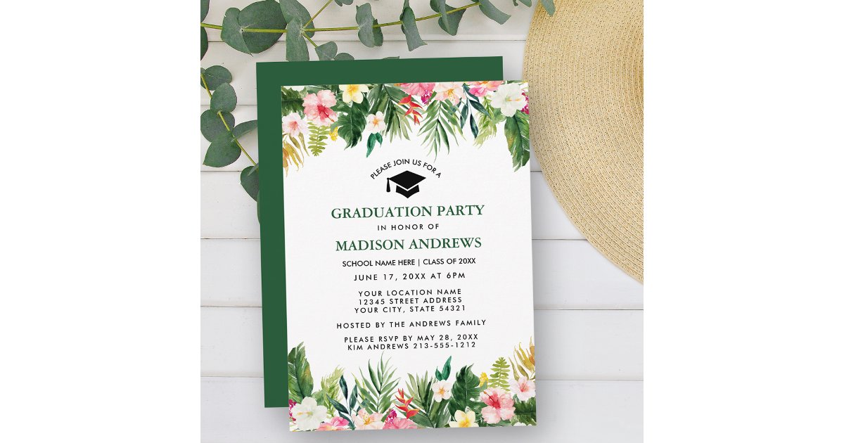 Tropical Floral Green Graduation Party Invitation | Zazzle