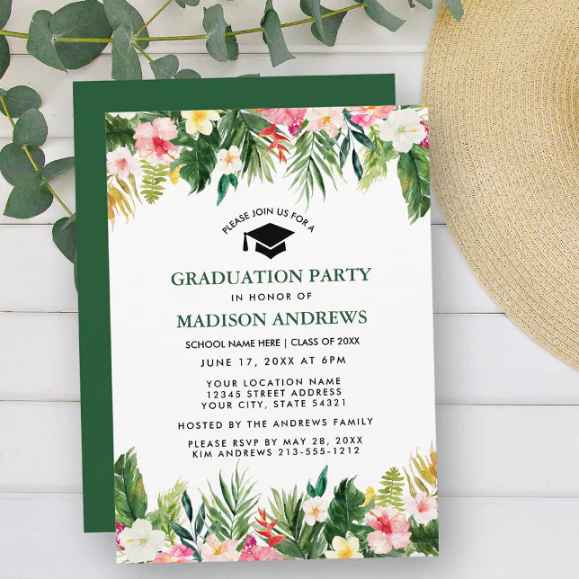 Tropical Floral Green Graduation Party Invitation | Zazzle