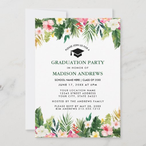 Tropical Floral Green Graduation Party Invitation | Zazzle