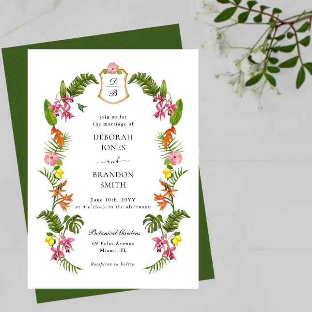Tropical Floral & Greenery Monogrammed Invitation | Zazzle