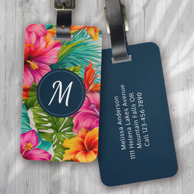 Tropical Floral Hibiscus Monogram Luggage Tag | Zazzle