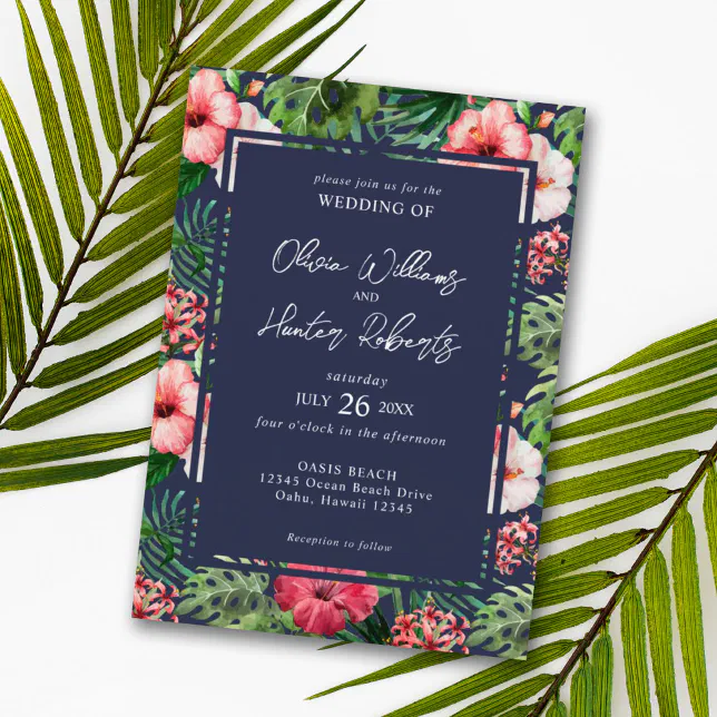 Tropical Floral Hibiscus Wedding Navy Blue Invitation | Zazzle