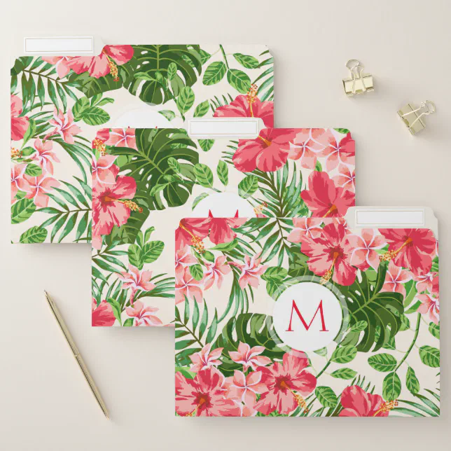 Tropical Floral Pattern Pink Hibiscus Monogram FF File Folder | Zazzle