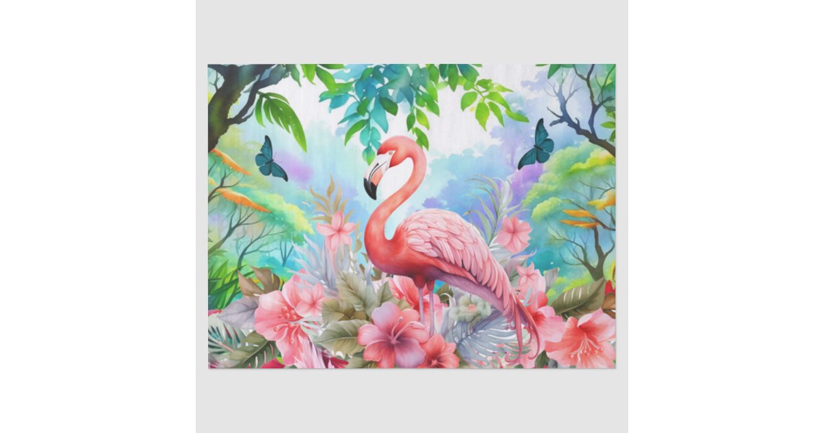 Tropical Floral Pink Flamingo Decoupage Tissue Paper | Zazzle
