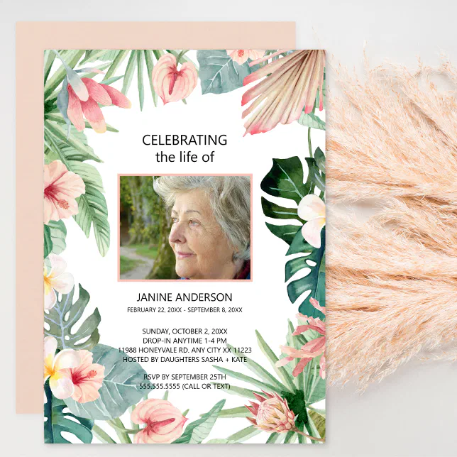 Tropical floral pink Life celebration photo Invitation | Zazzle