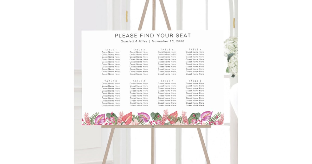 Tropical Floral Seating Chart Foam Board | Zazzle