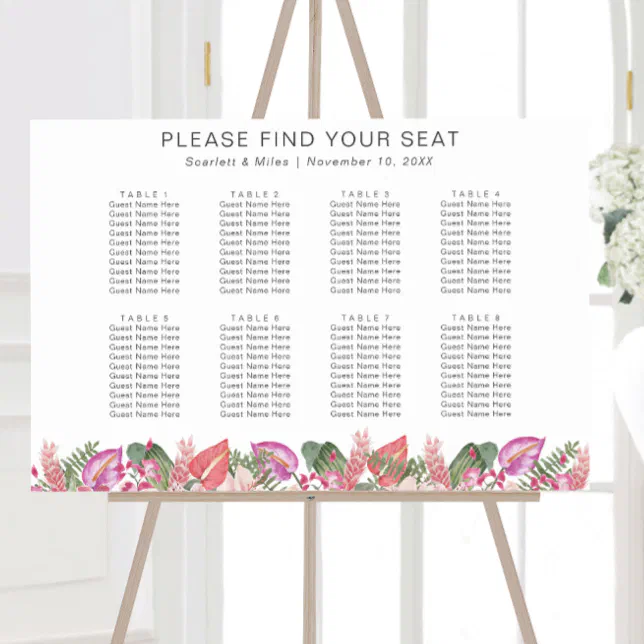 Tropical Floral Seating Chart Foam Board | Zazzle