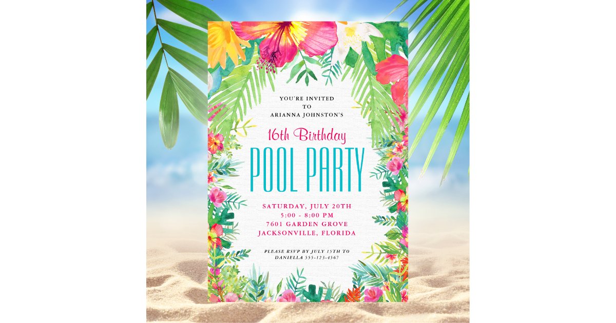 Tropical Floral Swimming Pool Party Birthday Invitation | Zazzle