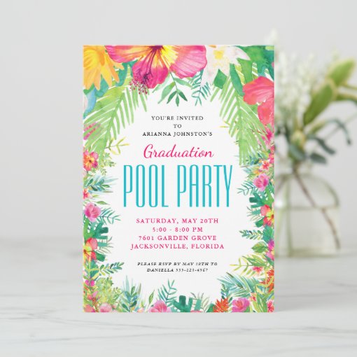 Tropical Floral Swimming Pool Party Graduation Invitation | Zazzle