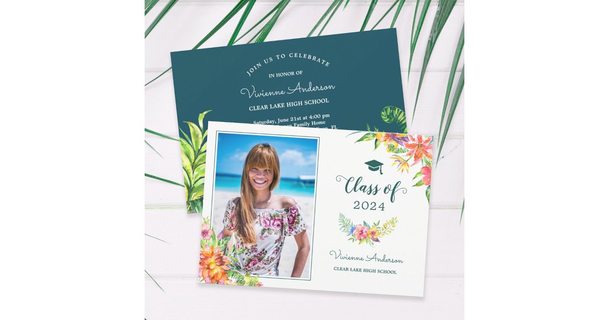 Tropical Floral Watercolor Grad Photo Graduation Invitation | Zazzle