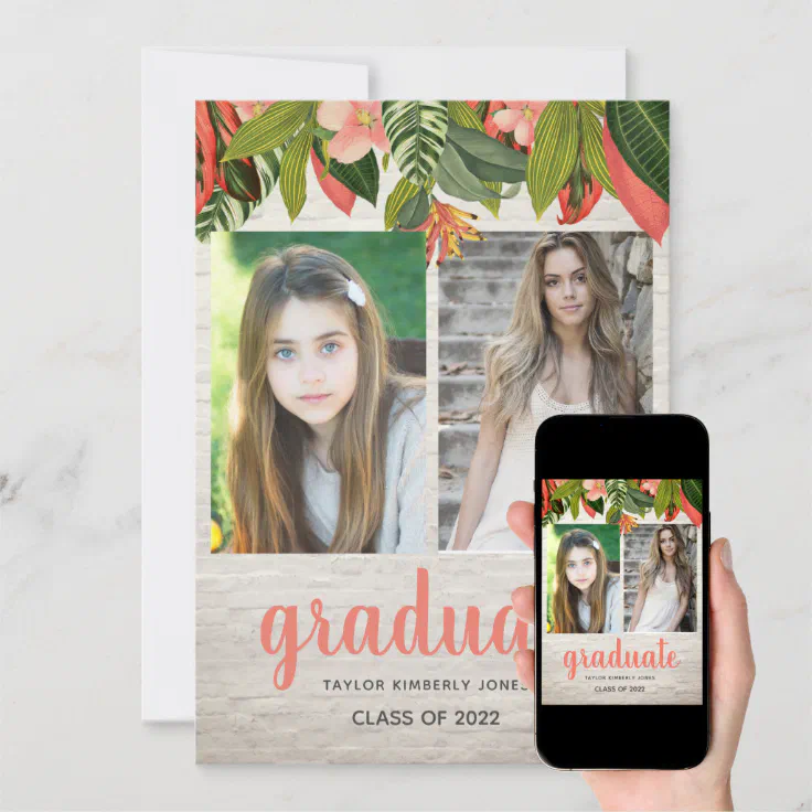 Tropical Floral White Brick Multi Photo Graduation Invitation | Zazzle