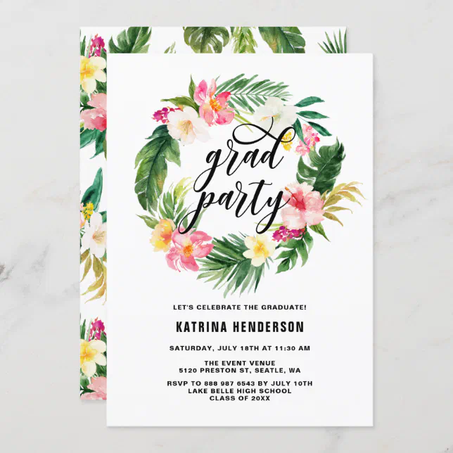 Tropical Floral Wreath Graduation Luau Party Invitation | Zazzle
