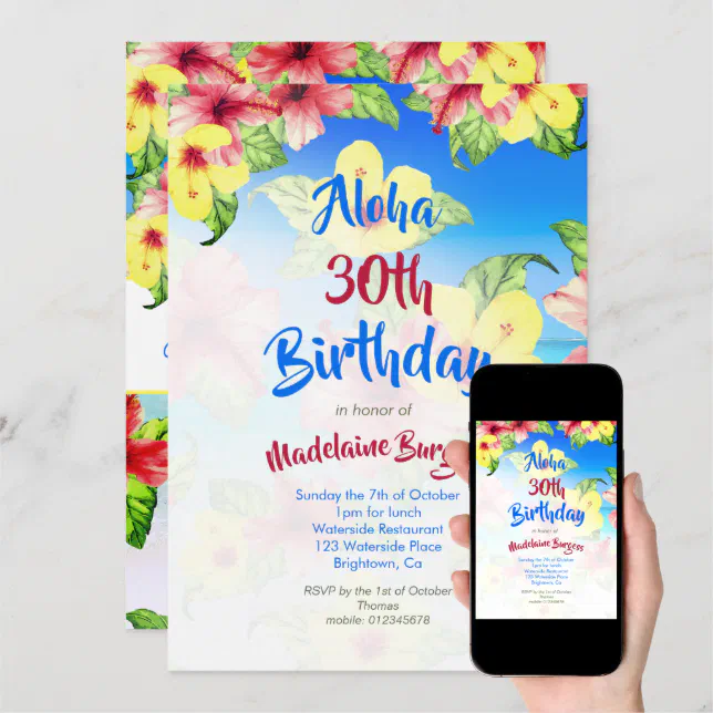 Tropical Flower 30th Birthday Beach Aloha Invitation | Zazzle
