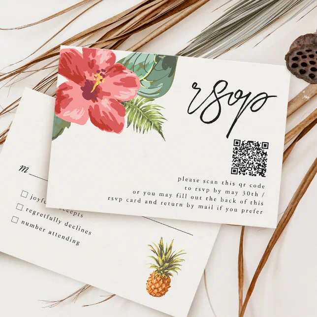 Tropical Flower Wedding and QR Code RSVP Card | Zazzle
