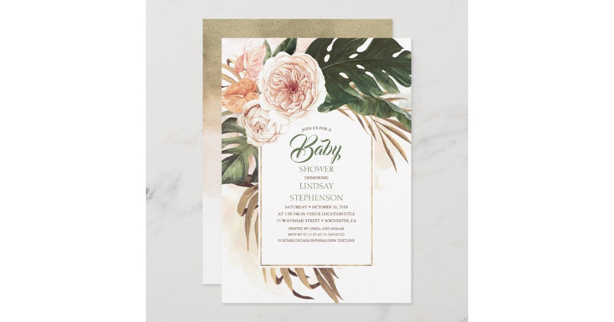Tropical Flowers and Dried Palm Leaf Baby Shower Invitation | Zazzle