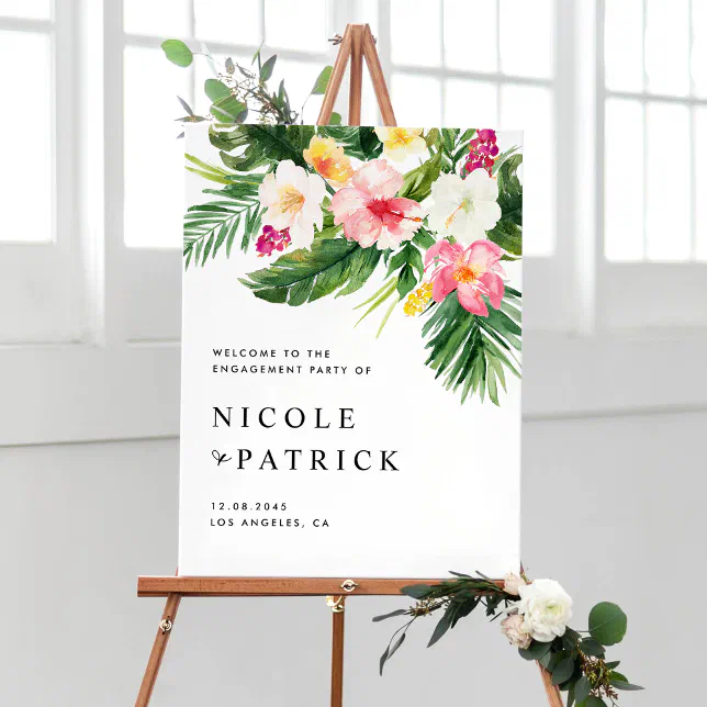 Tropical Flowers and Greenery Engagement Party Poster | Zazzle