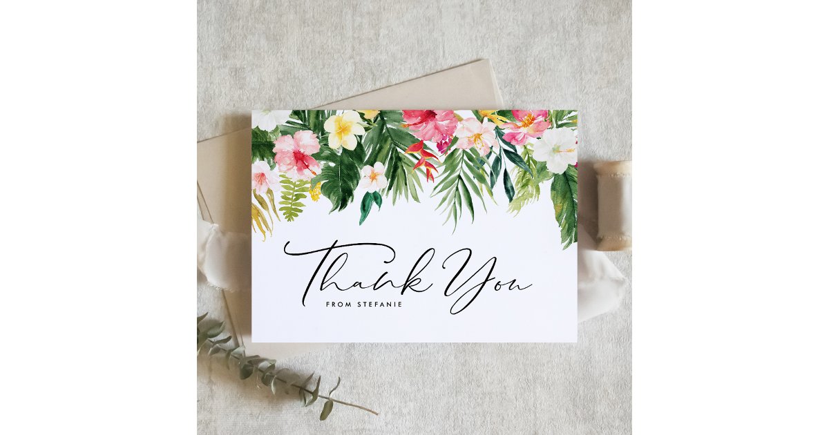 Tropical Flowers and Greenery Summer Birthday Thank You Card | Zazzle
