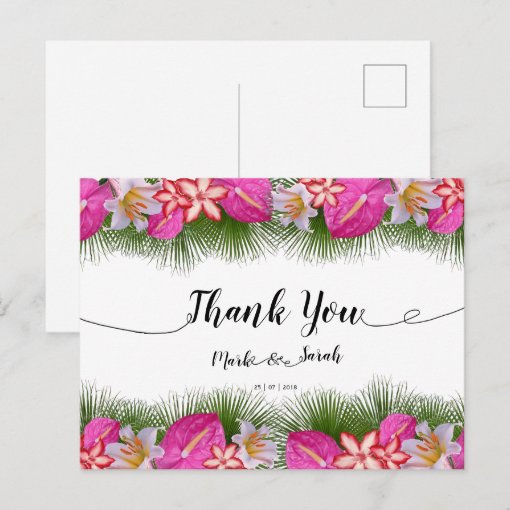 Tropical Flowers and Leaves Calligraphy Thank You Postcard | Zazzle