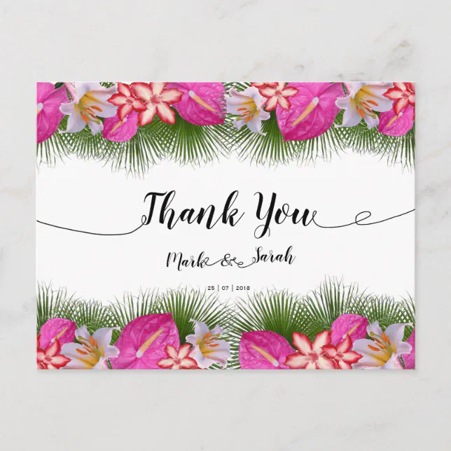 Tropical Flowers and Leaves Calligraphy Thank You Postcard | Zazzle