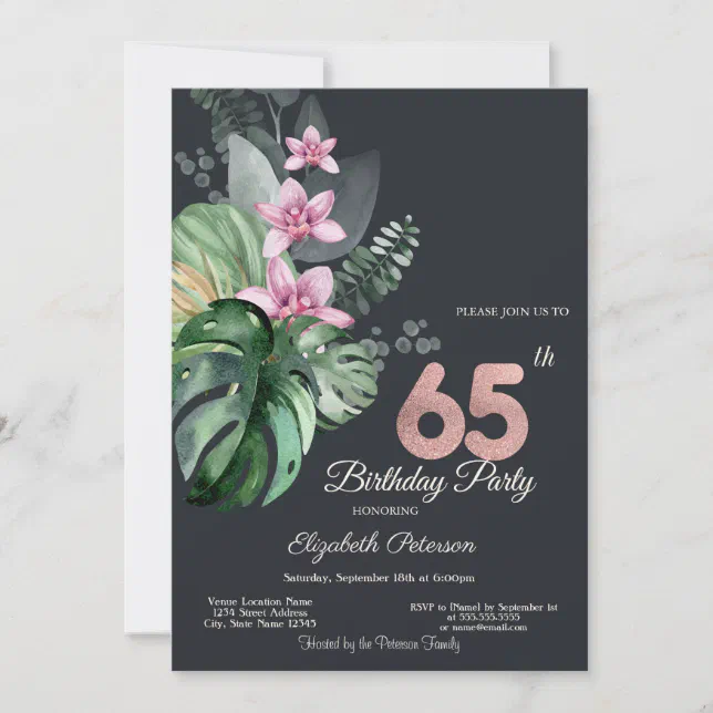 Tropical Flowers Dark 65th Birthday Invitation | Zazzle