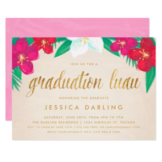 Tropical Flowers Gold Graduation Luau Invitation | Zazzle.com
