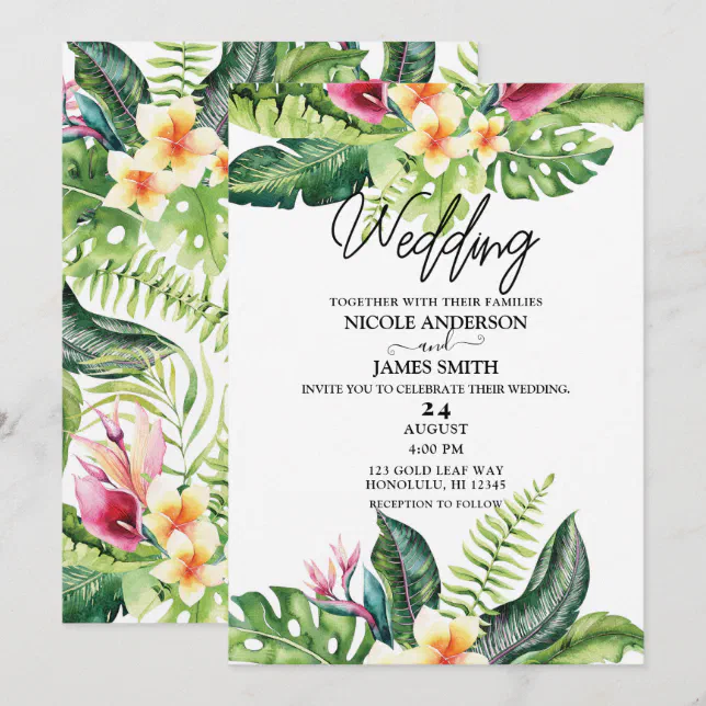 Tropical Flowers & Leaves Floral Wedding Invitation | Zazzle