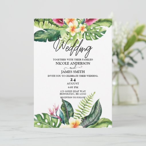 Tropical Flowers & Leaves Floral Wedding Invitation | Zazzle