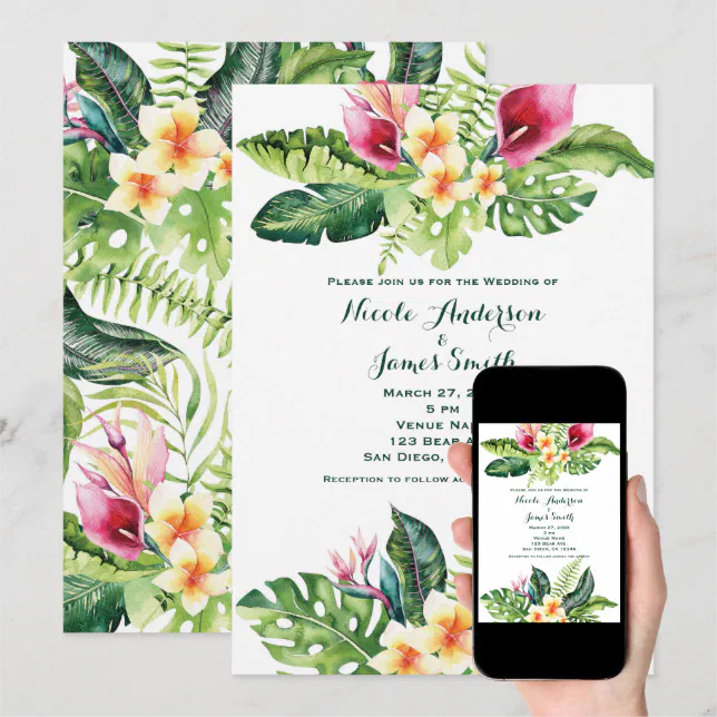 Tropical Flowers Leaves Floral Wedding Invitations | Zazzle