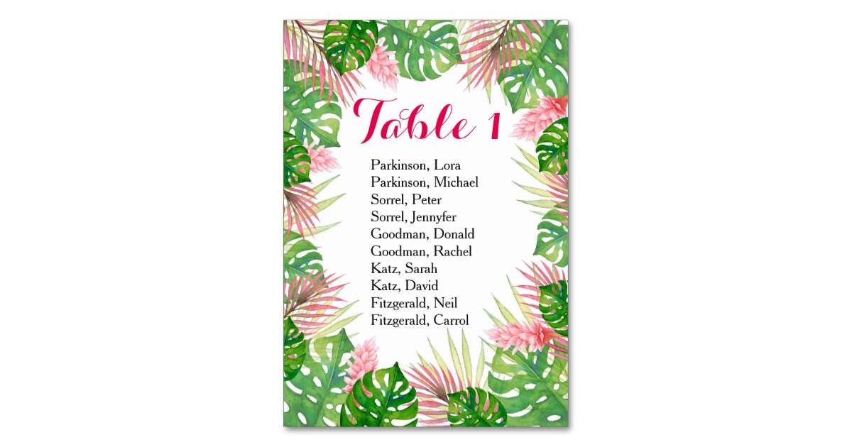 Tropical flowers watercolor wedding table card | Zazzle