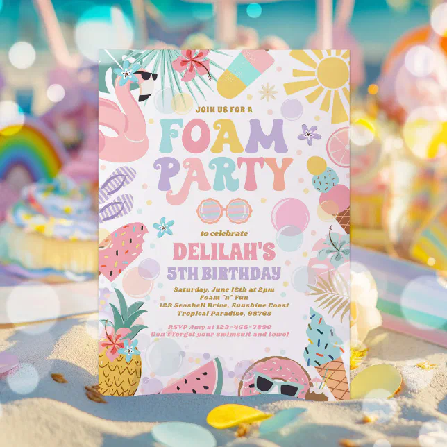 Tropical Foam Pool Splash Pad Birthday Party Invitation | Zazzle