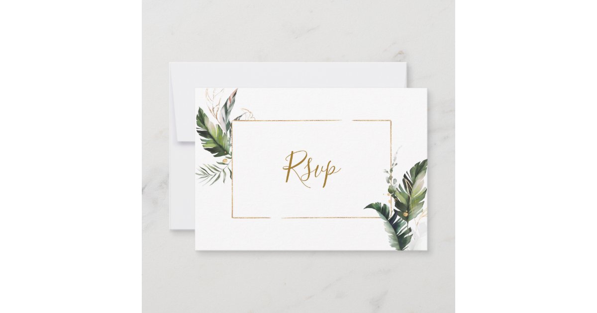 Tropical Foliage Gold Frame Wedding RSVP Card | Zazzle