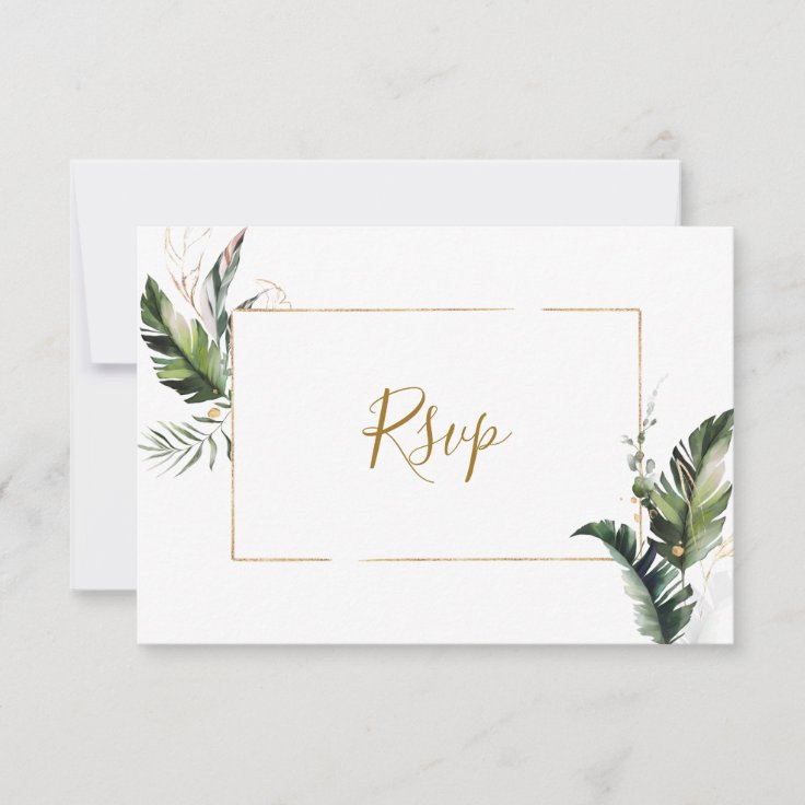 Tropical Foliage Gold Frame Wedding RSVP Card | Zazzle