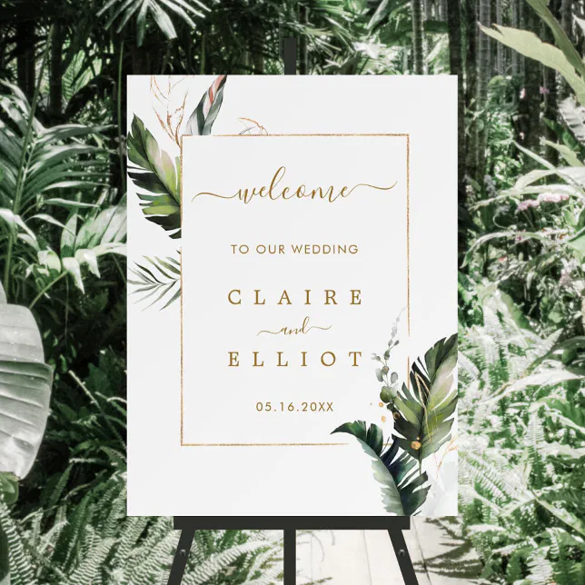 Tropical Foliage Gold Wedding Welcome Sign | Zazzle