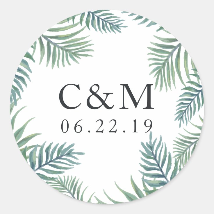 Tropical Foliage Wedding Monogram Classic Round Sticker | Zazzle