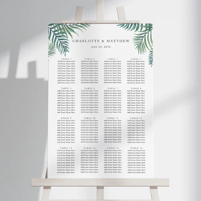 Tropical Foliage Wedding Seating Chart Foam Board | Zazzle