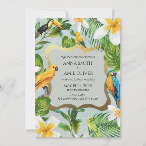 Tropical Forest Greenery Parrots Plumeria Wedding Invitation | Zazzle