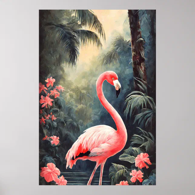Tropical Forest Pink Flamingo Vintage Poster | Zazzle