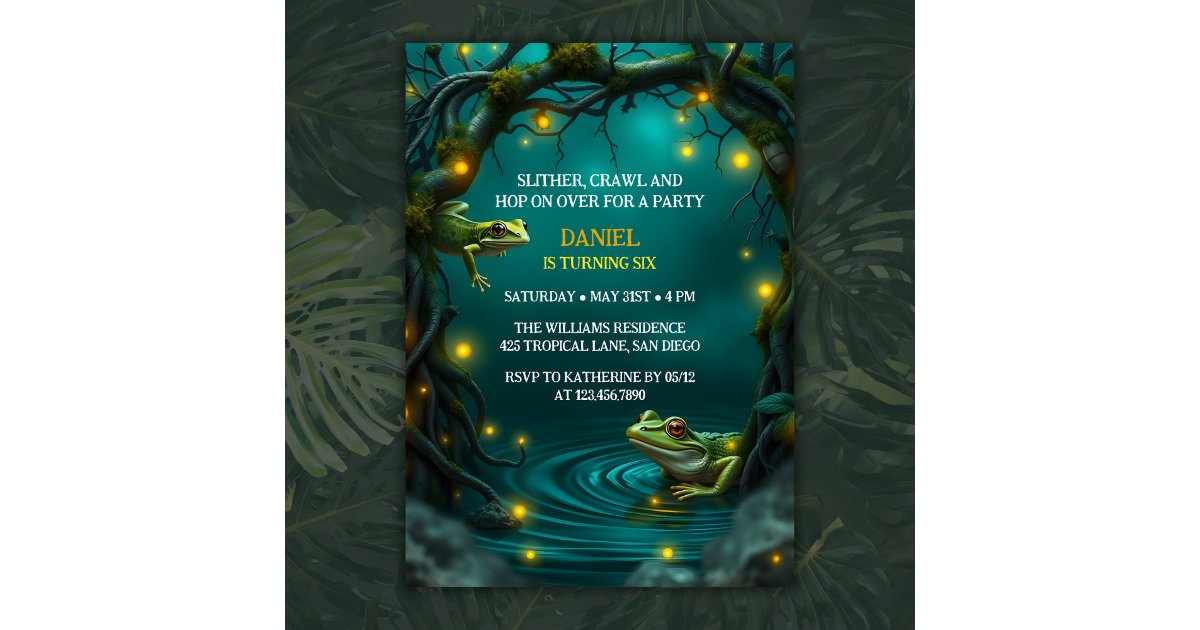 Tropical Frogs Lizards Kids Reptile Birthday Party Invitation | Zazzle