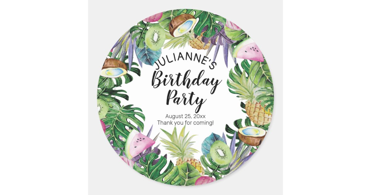 Tropical Fruit | Greenery Summer Birthday Party Classic Round Sticker ...