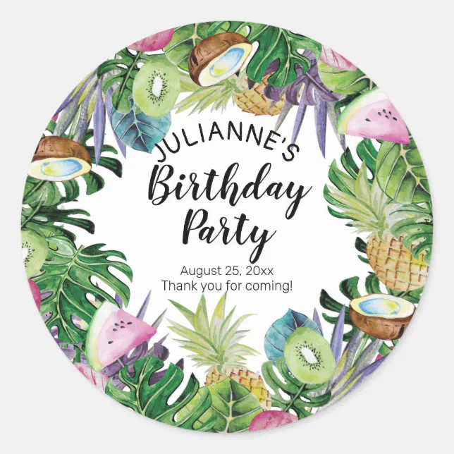 Tropical Fruit | Greenery Summer Birthday Party Classic Round Sticker ...