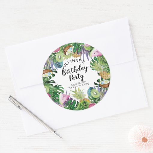 Tropical Fruit | Greenery Summer Birthday Party Classic Round Sticker ...