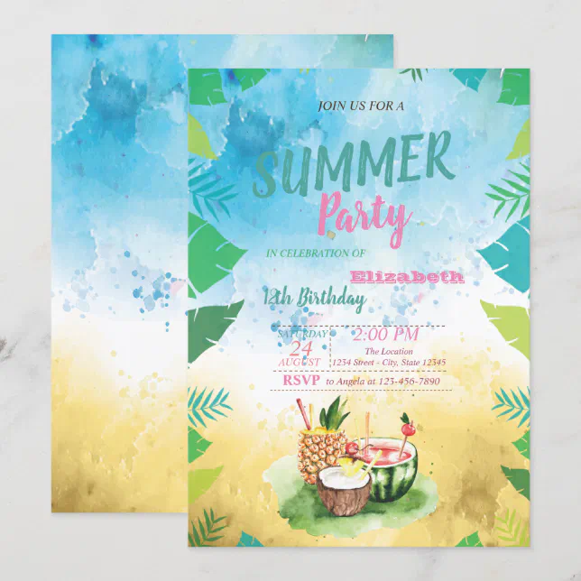 Tropical Fruits,Palm Leaves Summer Birthday Party Invitation | Zazzle