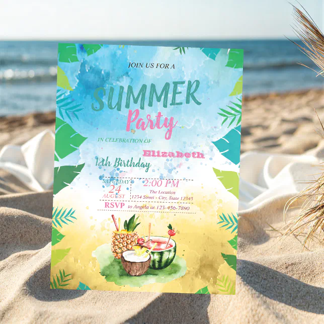 Tropical Fruits,Palm Leaves Summer Birthday Party Invitation | Zazzle