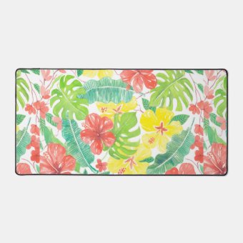 Tropical garden, hibiscus plumeria and palm leaves desk mat | Zazzle