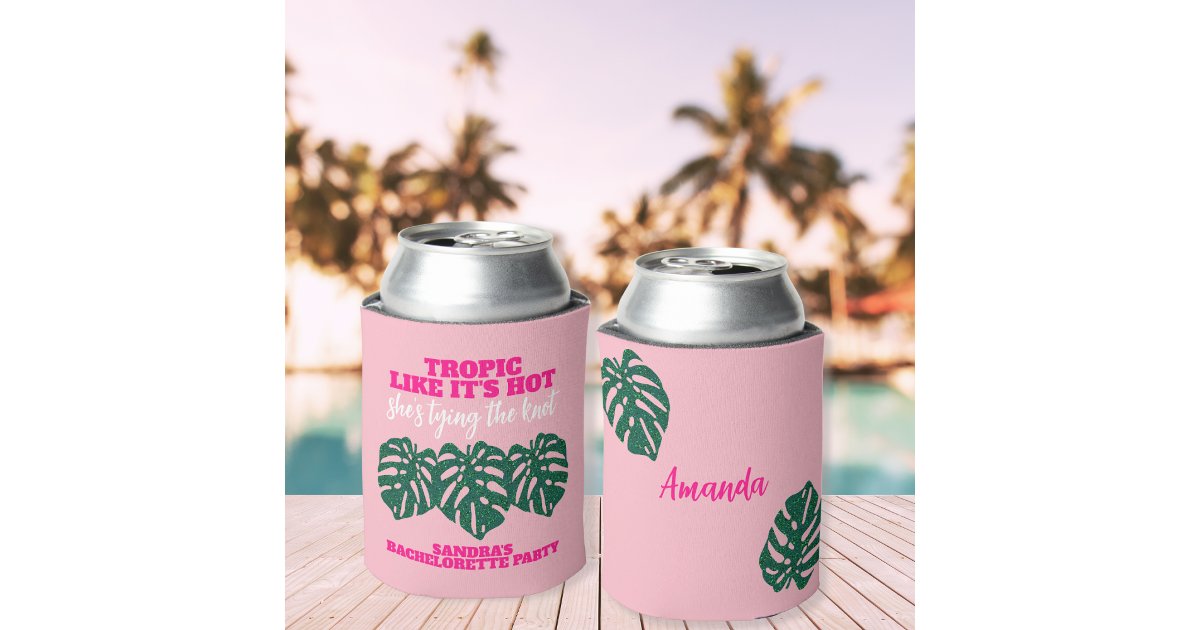 Tropical Glitter Monstera Pink Bachelorette Favor Can Cooler | Zazzle