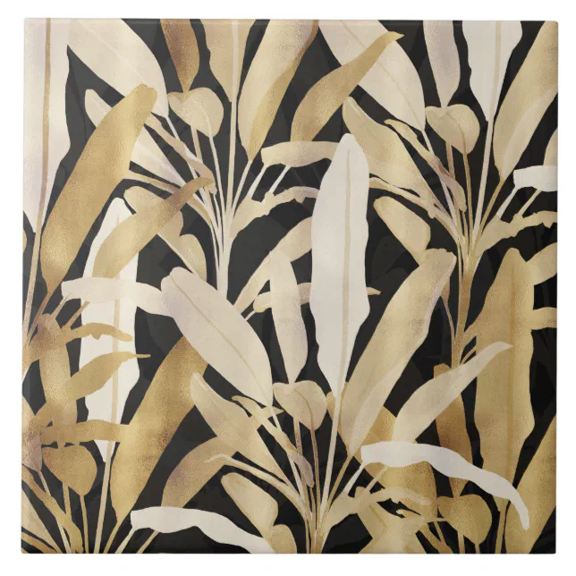 Tropical Gold Banana Leaves Black Pattern Ceramic Tile | Zazzle