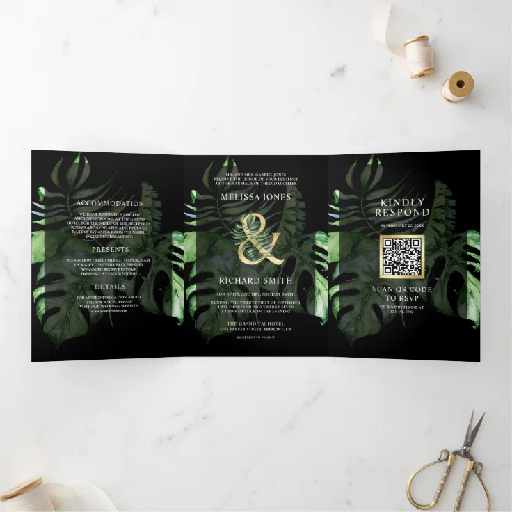 Tropical Gold Monstera Palm Black QR Code Wedding Tri-Fold Invitation ...