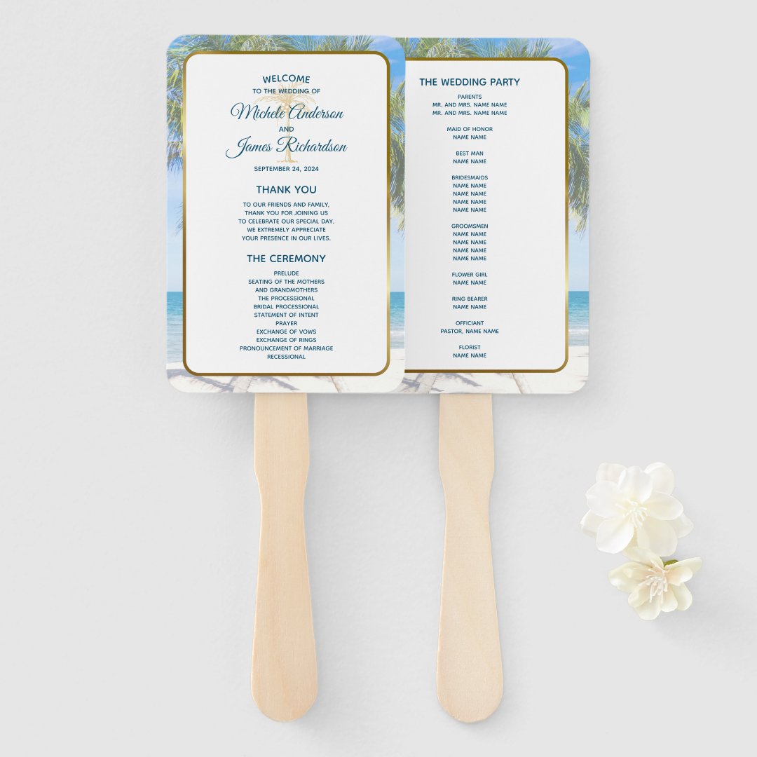 Tropical Gold Palm Tree Beach Photo Wedding Hand Fan | Zazzle