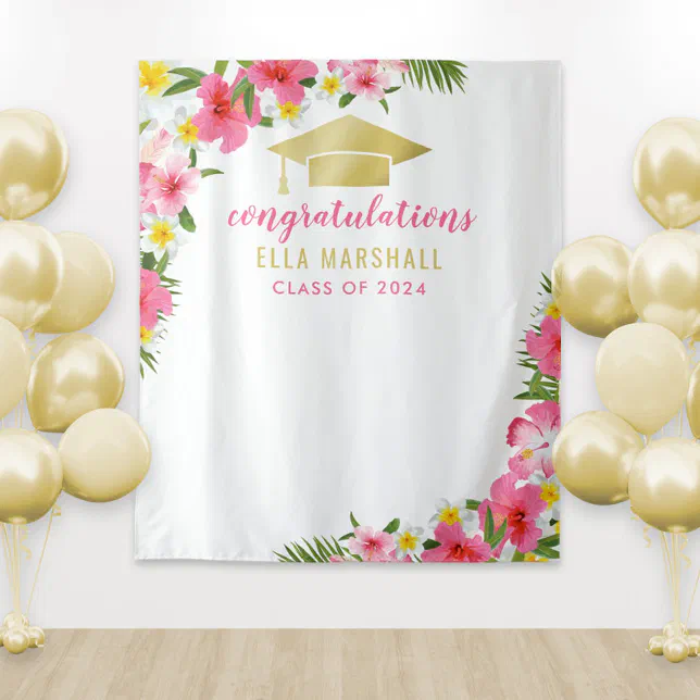 Tropical Gold Pink Congratulations Grad Backdrop | Zazzle